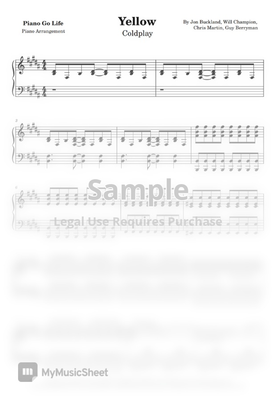 Coldplay - Yellow by Piano Go Life Sheet