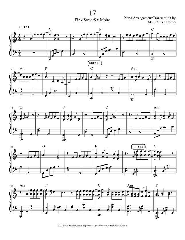 Pink Sweat$ - 17 (piano sheet music) by Mel's Music Corner Sheet Music