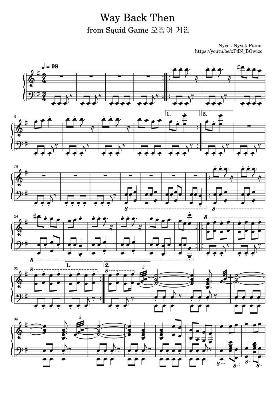 Squid Game OST - Way Back then by Nyvek Nyvek Piano نوتة