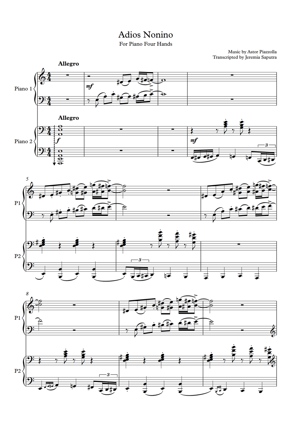 Astro Piazolla - Adios Nonino (4 hands piano) by TaeHyun Taylor Lee ...