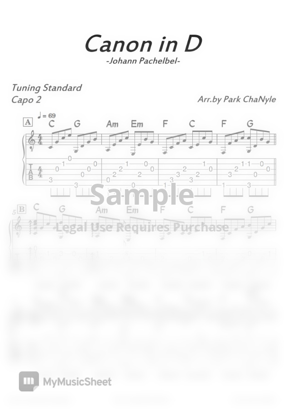 Johann Pachelbel - Canon in D (Fingerstyle Guitar) by Park ChaNyle Tab ...