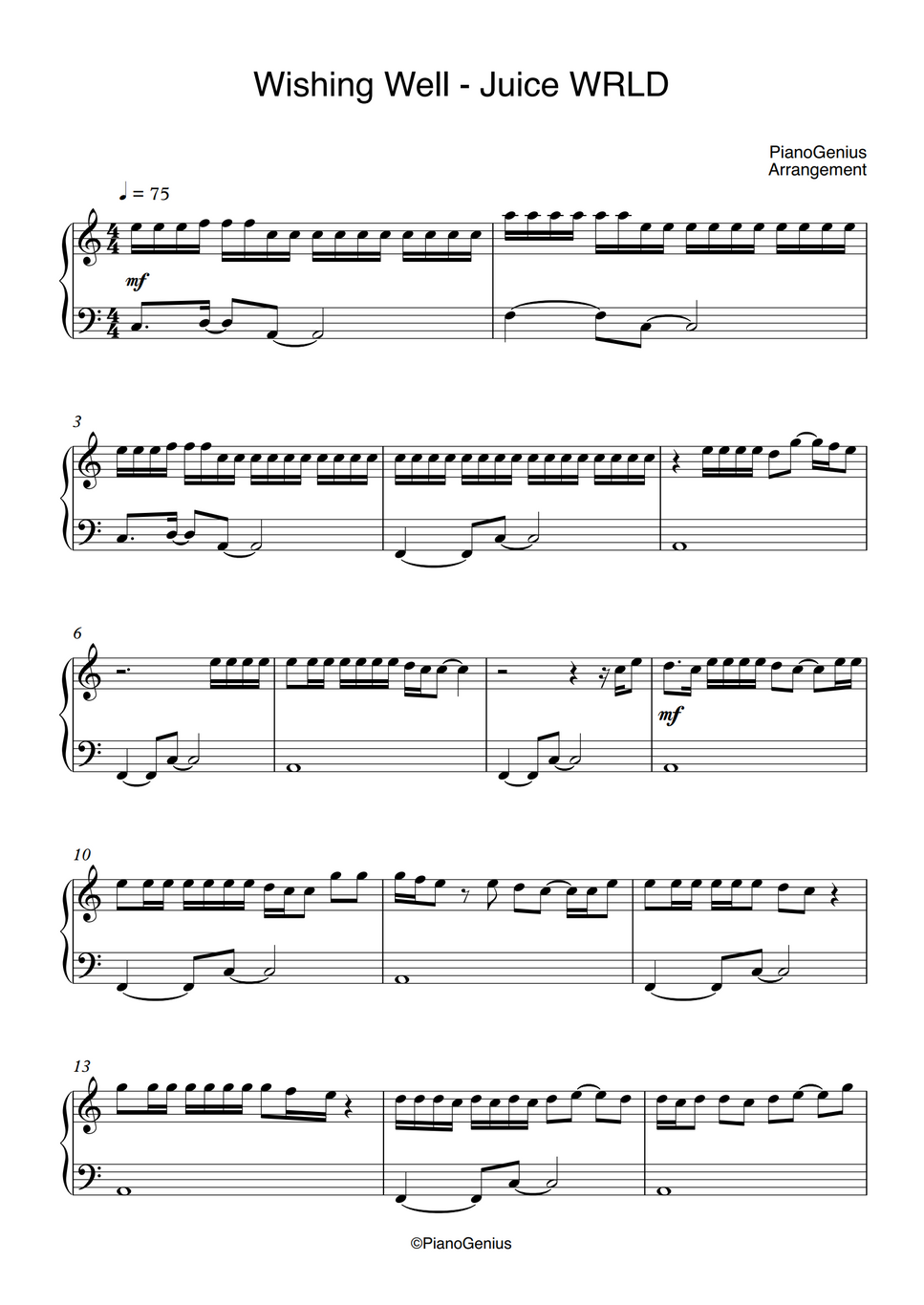 Juice Wrld Wishing Well Easy By Pianogenius Sheet
