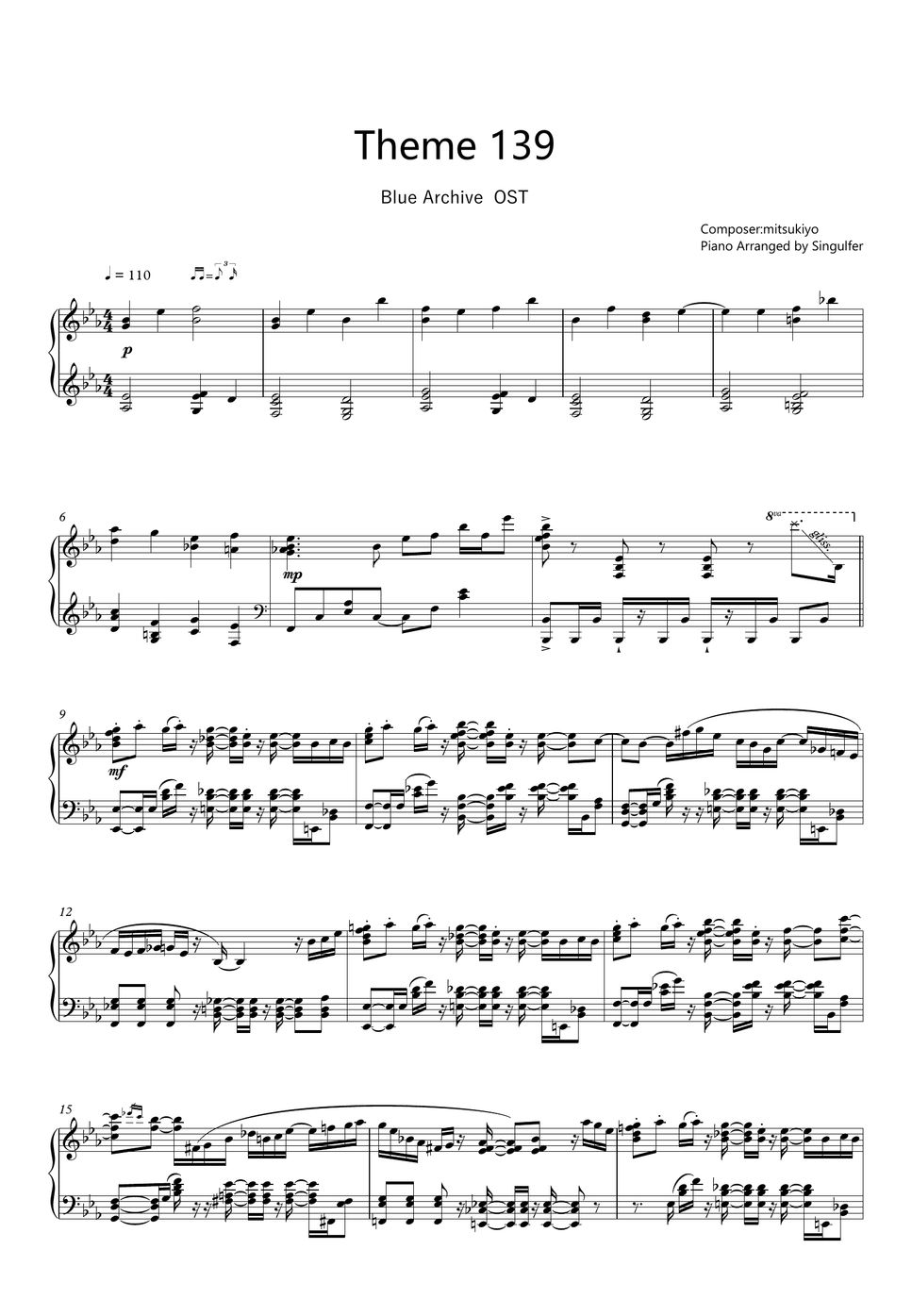 碧蓝档案 - Theme 139（Christmas） (钢琴版) Notenblatt by Singulfer-小言