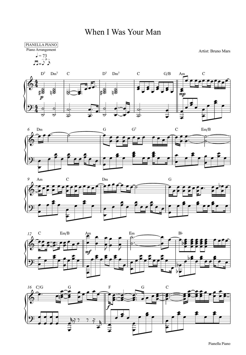 Bruno Mars When I Was Your Man Piano Sheet Sheet By Pianella Piano