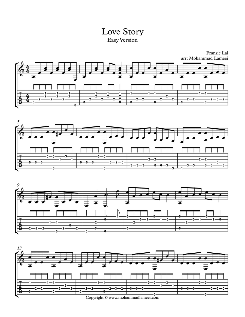 Francis Lai - Love story Easy Version by Mohammad Lameei Tab + 1staff Sheet