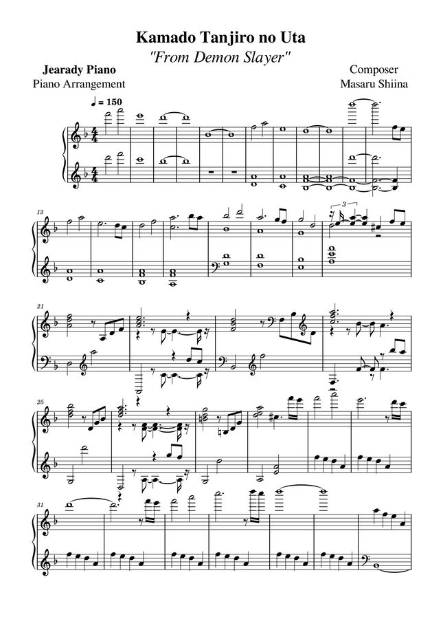 Masaru Shiina - Kamado Tanjiro no Uta Sheet Music - Demon Slayer - Jearady Piano by Jearady ...