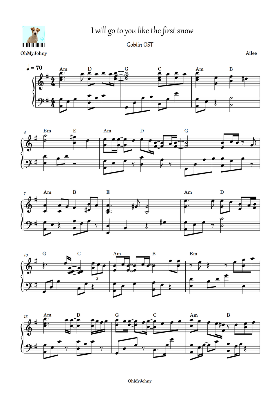 Ailee - I Will Go to You Like The First Snow (Goblin OST Piano) by OhMyJohny楽譜